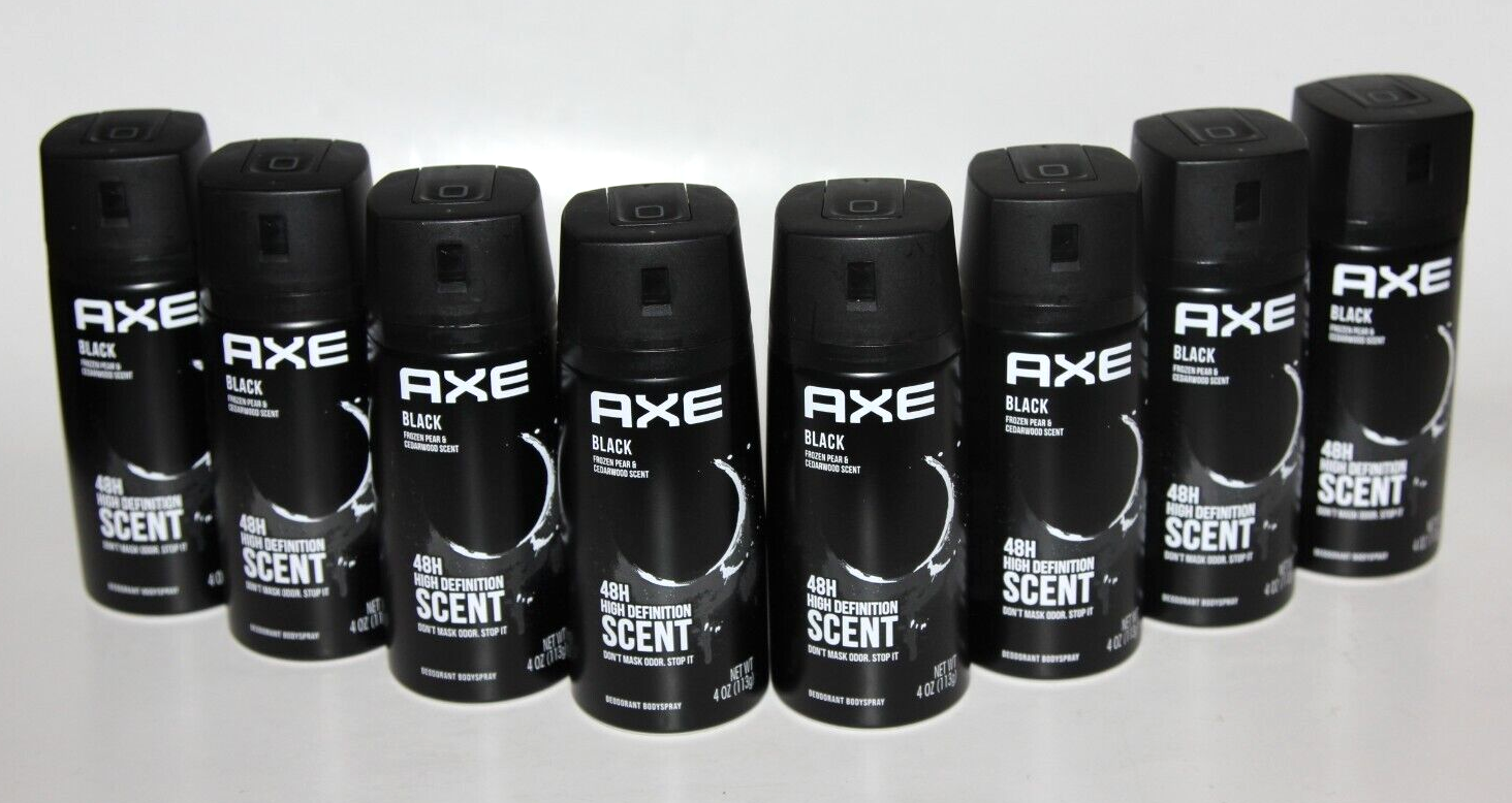 LOT (8) AXE BLACK DEODORANT BODYSPRAY 4 OZ FROZEN PEAR & CEDARWOOD ...