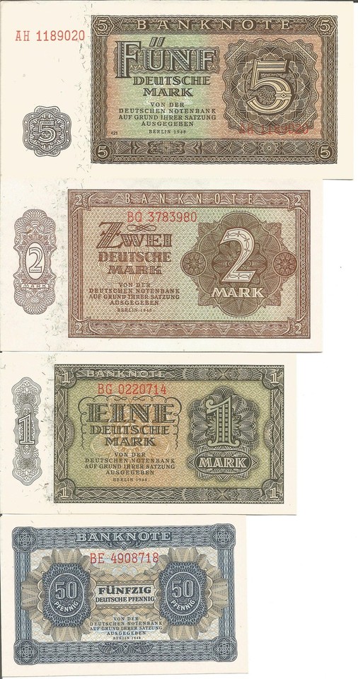 GERMANY DDR COMPLETE SET 9 NOTES 1000-0.50 MARKS 1948. UNC. RARE. 7RW ...