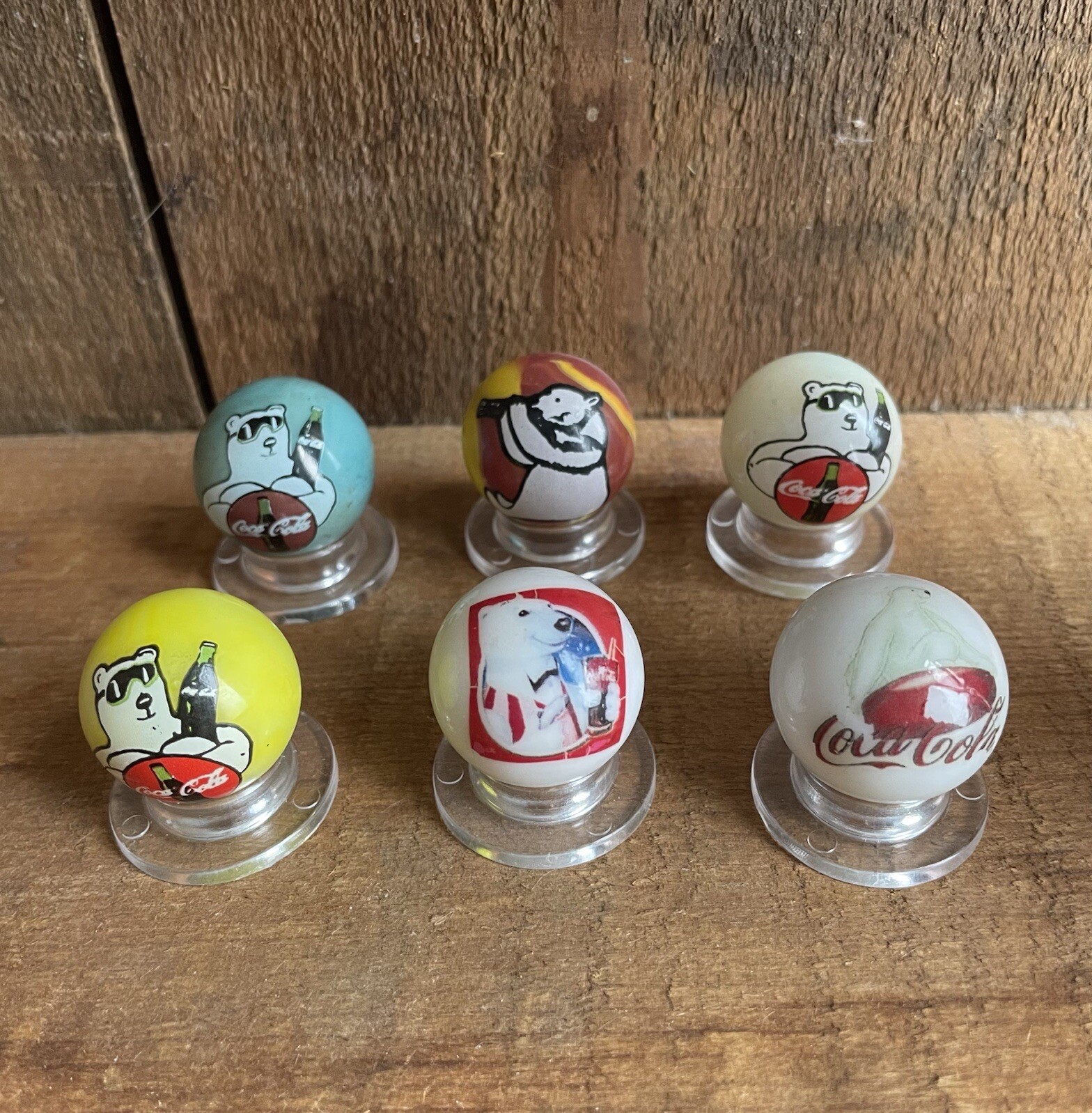 Vintage Lot Of 6 colored Glass Coca Cola Advertising Marbles Polar Bear ...