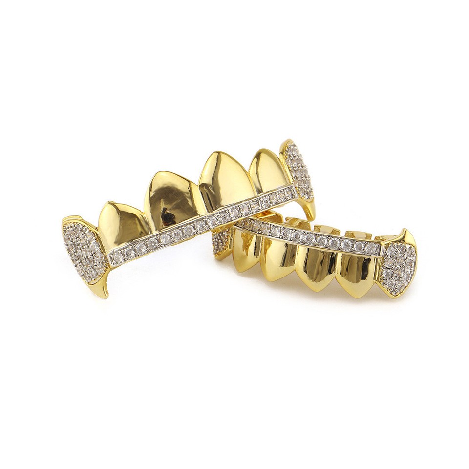 ICED Out CZ Hip Hop Teeth Grillz For Men Real 18K Gold Plated for Party ...