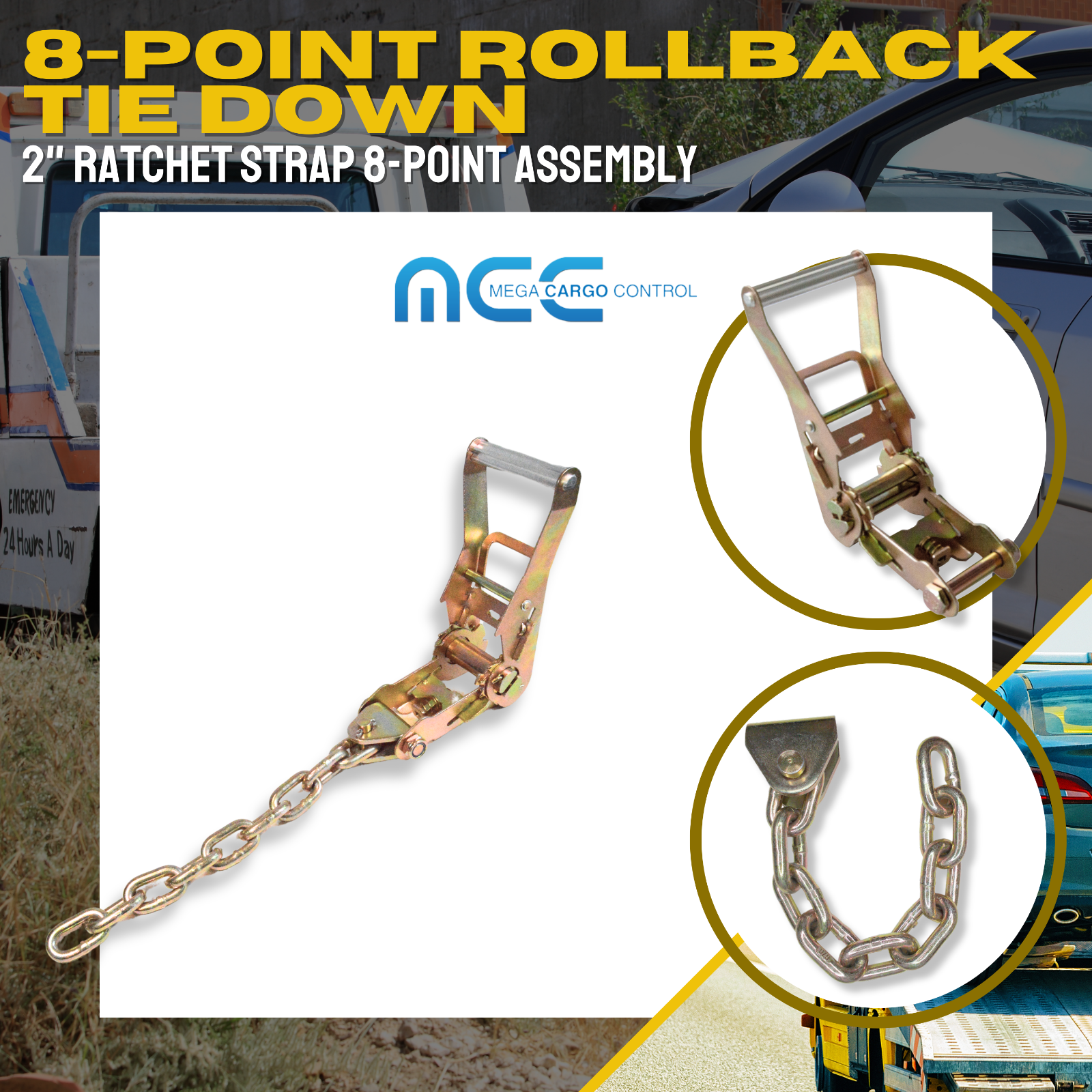8 Point Roll Back Tie Down System w/ Chain Ends for Car Hauler Carrier ...