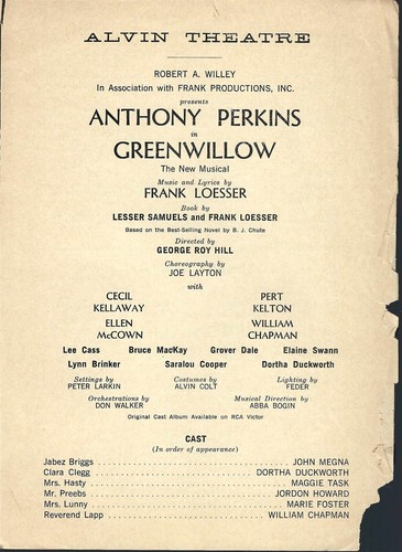 Greenwillow Preview Playbill, Anthony Perkins, Frank Loesser, J Layton ...