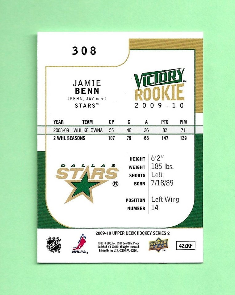 09-10 Upper Deck Victory ROOKIE RC Card # 308 JAMIE BENN EXCEPTIONAL ...