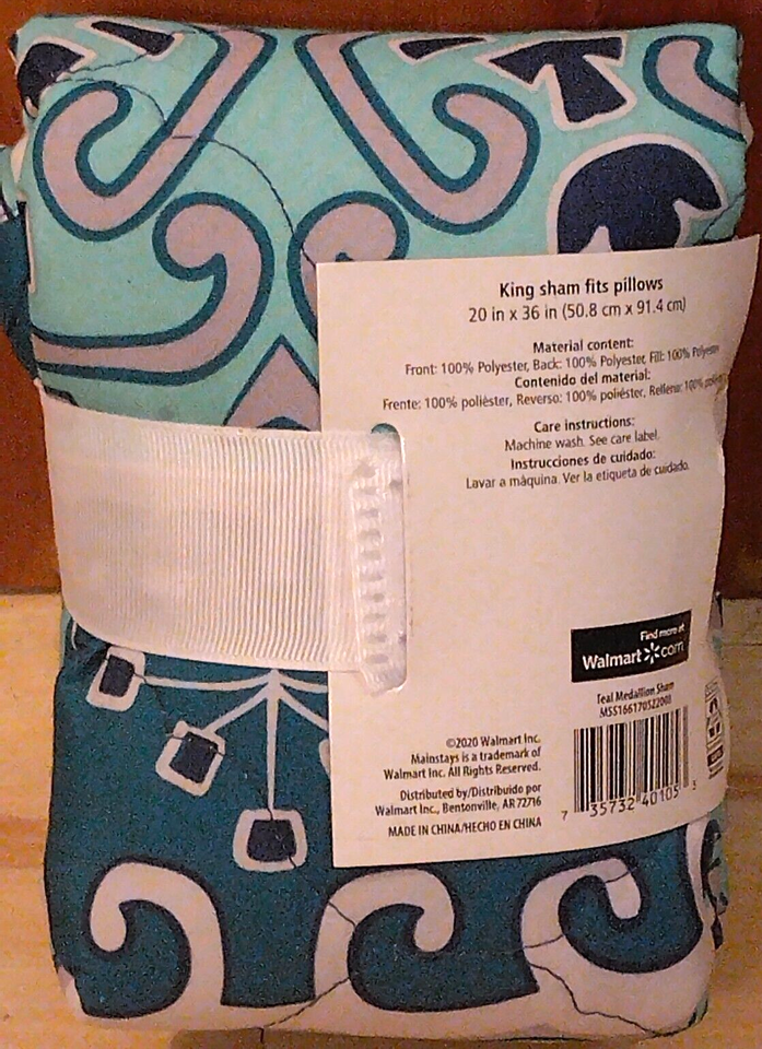 Mainstays Reversible Teal Medallion Quilt King Sham (1-Piece) 20 in x ...