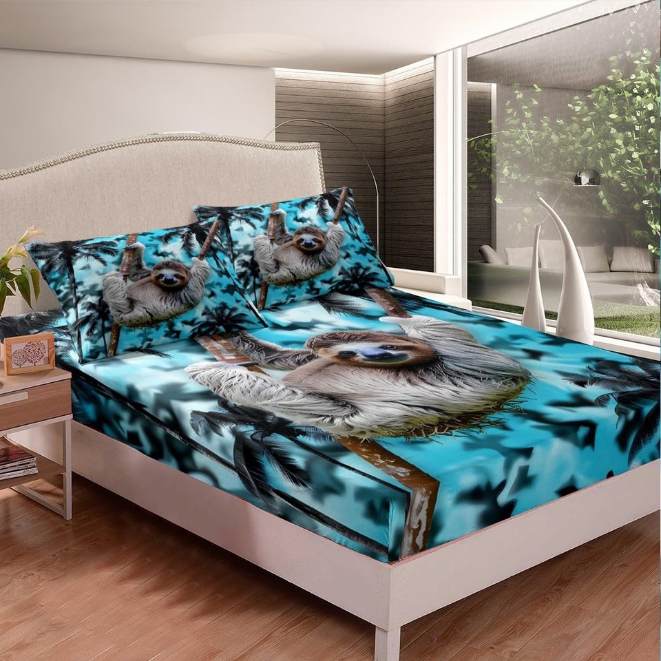 Kids Sloth Sheet Set Cute Animal Pattern Bed Sheets for Boys Girls Blue ...