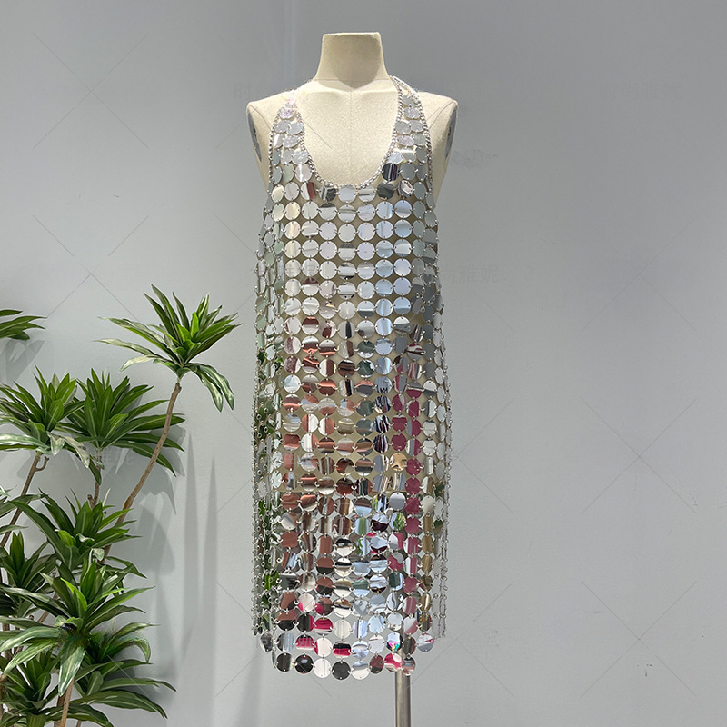 Halter Short Dress Sparkle Metallic Backless Metal Body Chain Sexy ...