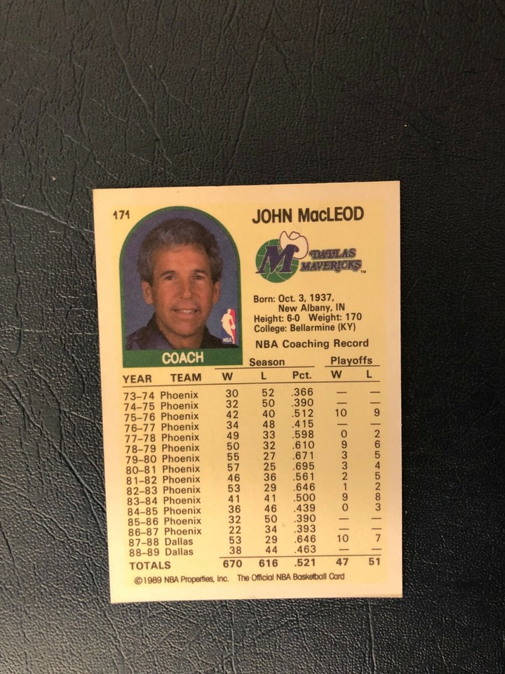 1989-90 NBA Hoops John MacLeod Coach Dallas Mavericks #171 Mint ...
