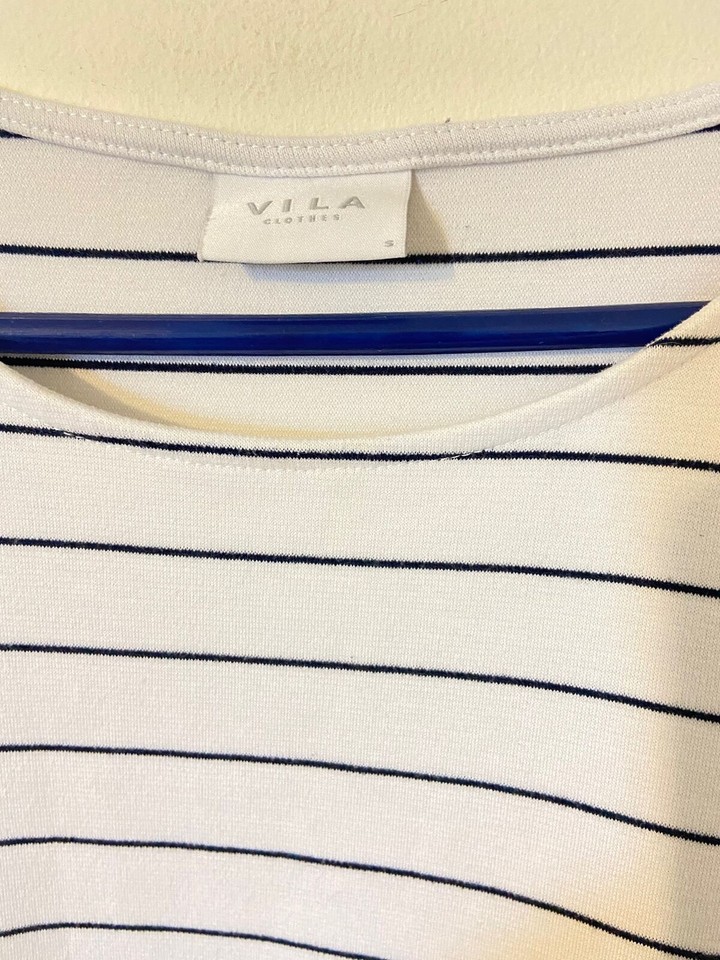 Peplum Dress Womens Small White With Blue Stripes Knee Length Vila Clothes | eBay