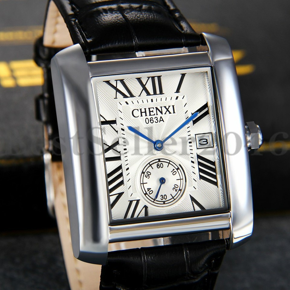 Roman Numerals Date Square Dial Men Leather Band Quartz Analog Wrist ...