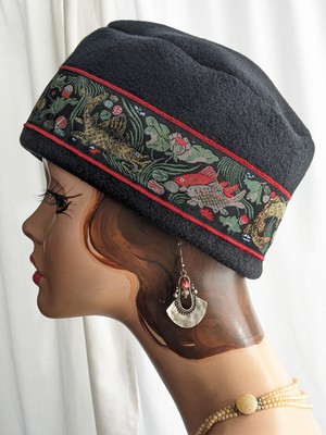 Black Polar Fleece Fez Cap with Wide Metallic Fish Trim ~ Men's and ...