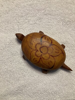 wooden hand carved turtle trinket box primitive painted shell Vintage ...