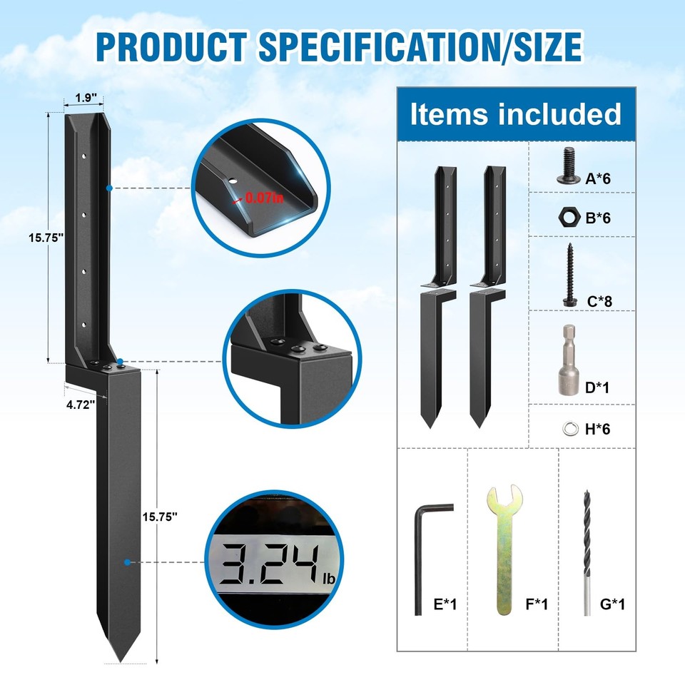 2 Pcs Fence Post Repair, Heavy Duty Fence Post Kit Anchor Ground Stakes ...