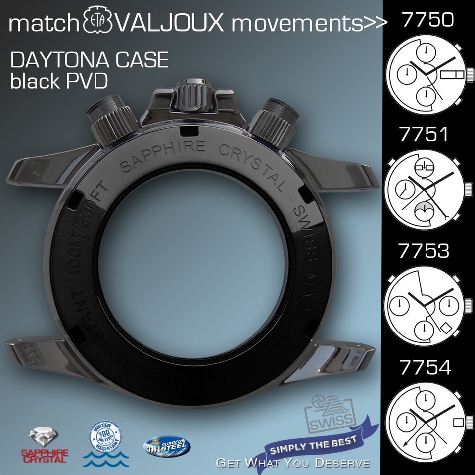 WATCH CASE DAYTONA,TACHYMETER, ETA VALJOUX 7750, 7751, 7753,7754 BLACK ...
