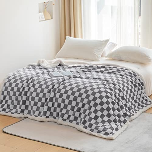 Sherpa Throw Blanket Fleece Blanket with Checkered Pattern Soft 51"x63 ...