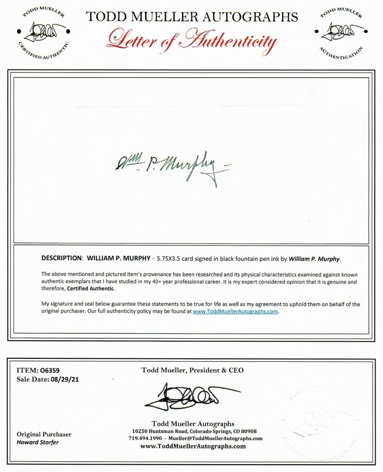 "Nobel Prize in Medicine" Dr William P Murphy Hand Signed 5.75X3.5 Card ...