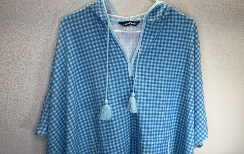 Lands’ End Hooded Aqua Blue Checkered Beach Cover Up Oversized Terry ...