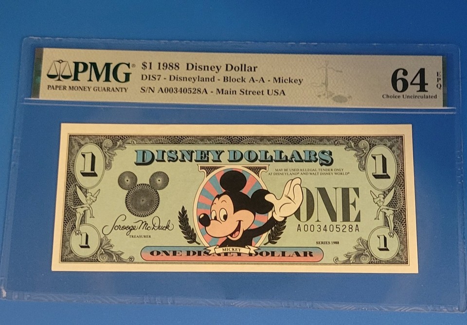 1988 $1 Disney Dollar Mickey PMG 64 Disney Note Choice Uncirculated ...