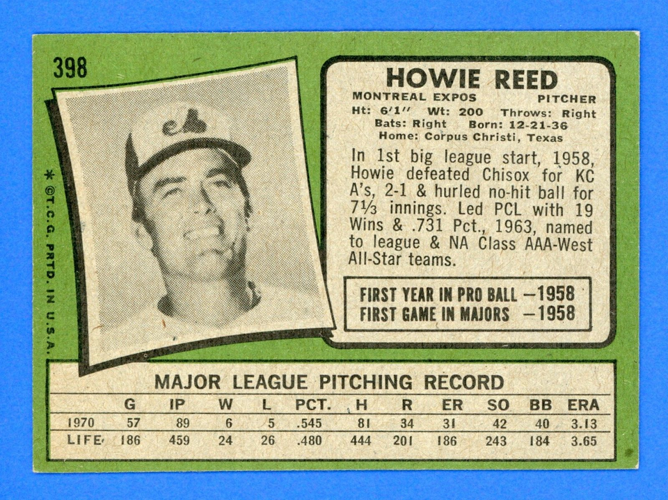 1971 Topps #398 Howie Reed VG-EX Montreal Expos | eBay