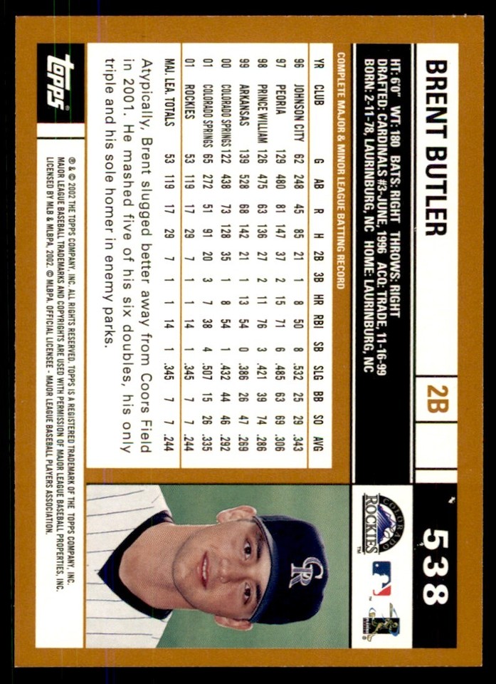 2002 Mint ** Topps Brent Butler Colorado Rockies #538 | eBay