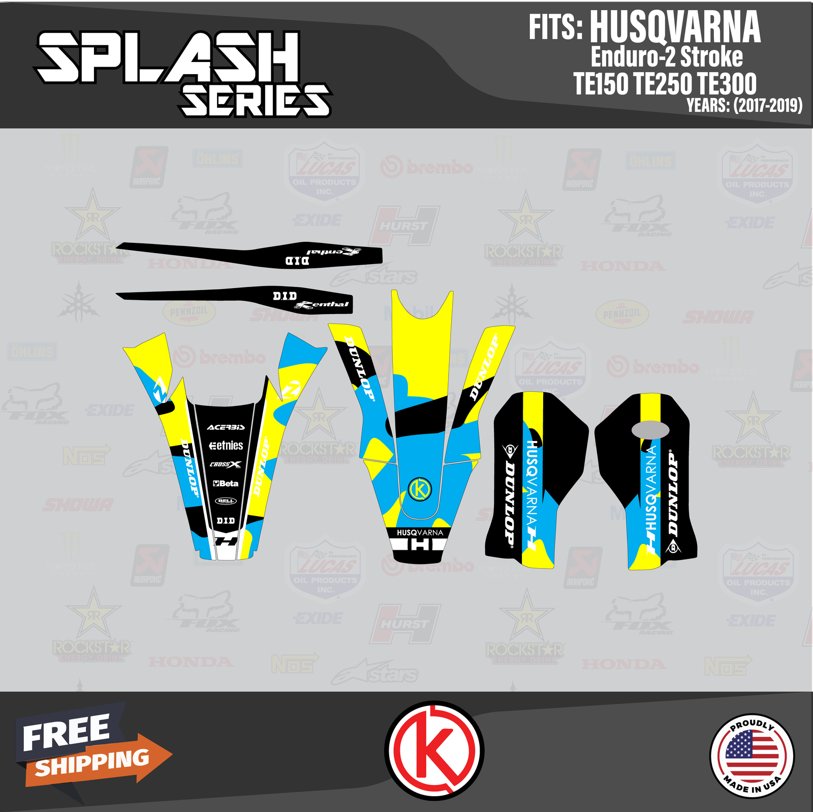 Graphics Kit for Husqvarna TE150 TE250 TE300 (2017-2019) Splash-Yellow ...