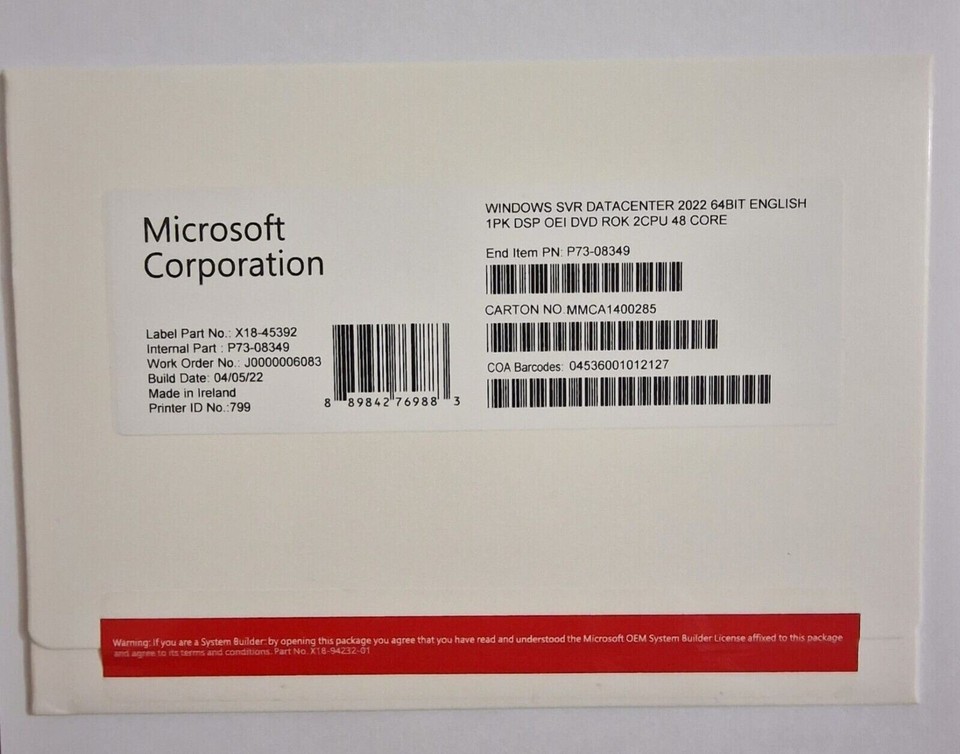Microsoft Windows server 2022 datacenter 64Bit 48 Core License Key DVD ...