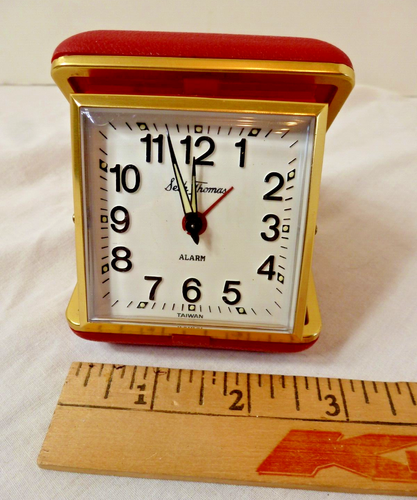 Vtg Seth Thomas Travel Alarm Clock Wind Up Foldable Germany Red Faux ...