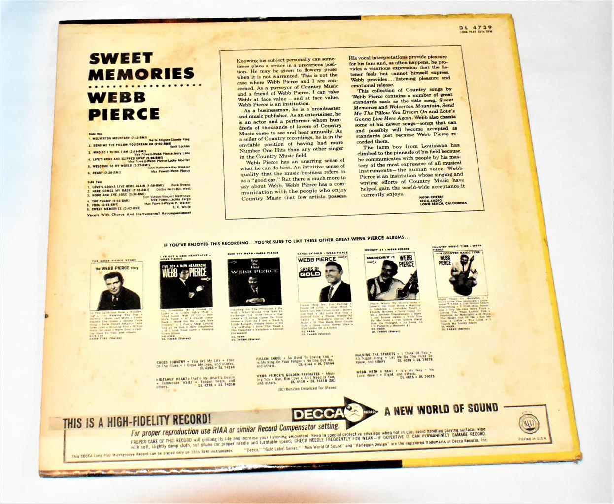 Webb Pierce Sweet Memories '66 Decca DL 4739 Mono LP Promo White Label ...