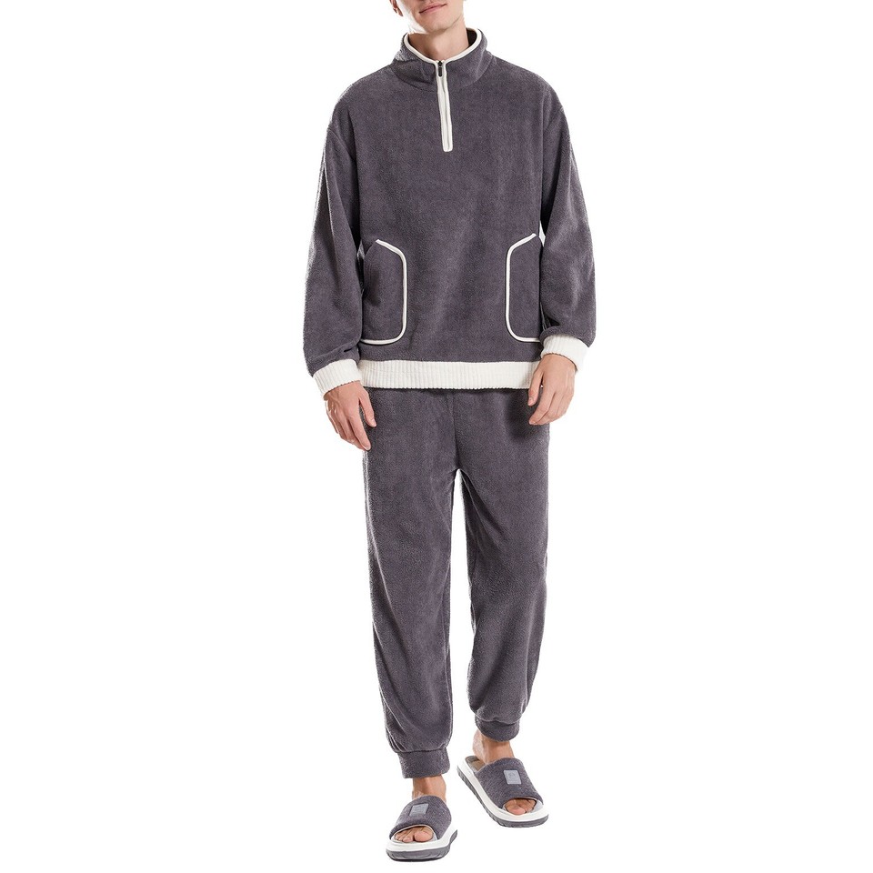 Men's Fuzzy Pajama Set Cozy Sweatshirt Sweatpants 2 Piece Zip Up Warm ...