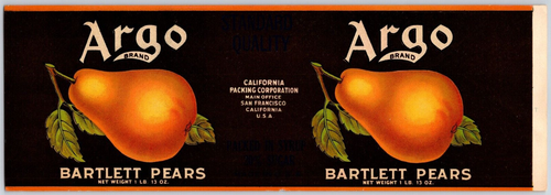 Argo Brand Bartlett Pears California Packing Corp Paper Can Label c1925 ...
