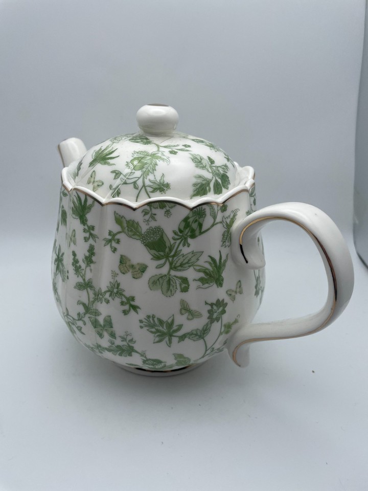 Grace Teaware Shabby Chic Green Floral Gold Trim Fine Porcelain Teapot ...
