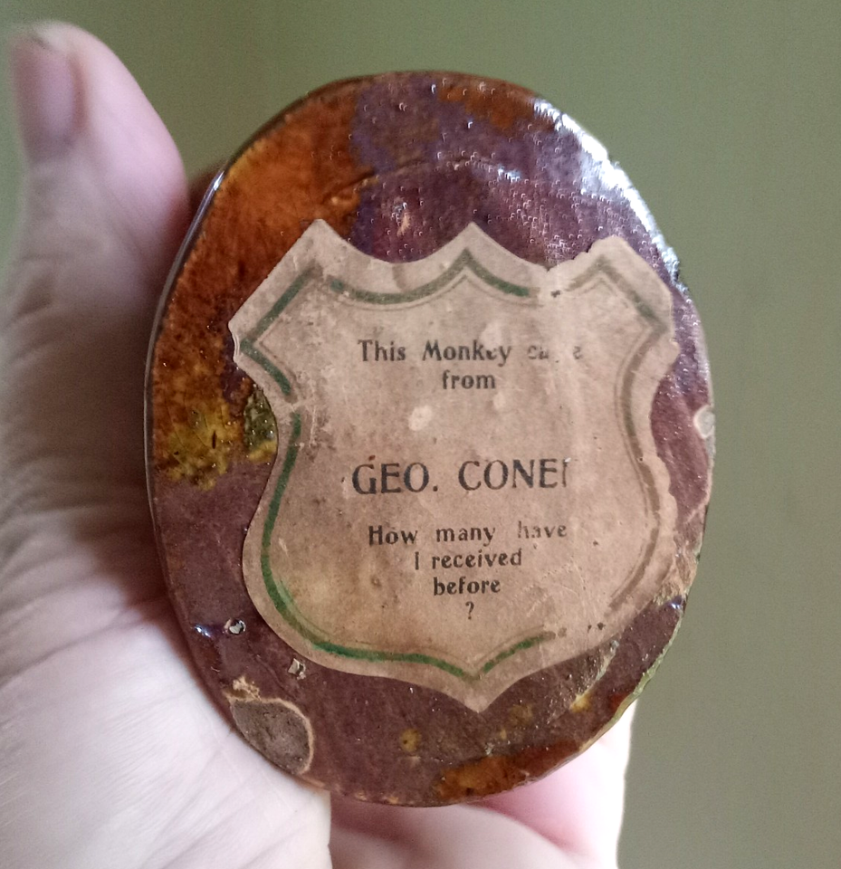 1890s RARE UHL POTTERY MONKEY ON POT LIQUOR BOTTLE W/LABEL GEO.CONEN ...