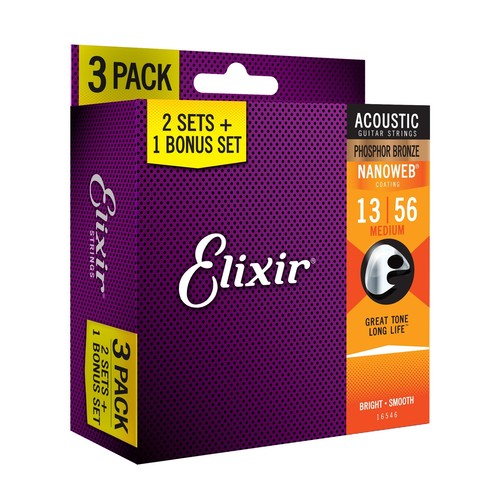 Elixir 3-Pack Medium 13-56 Phosphor Bronze Acoustic Guitar Strings w ...