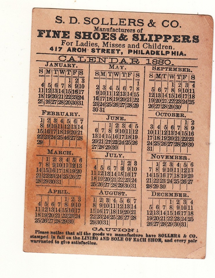 Fiero Brothers Sollers & Co Shoes Auburn NY 1880 Calendar Philadelphia ...