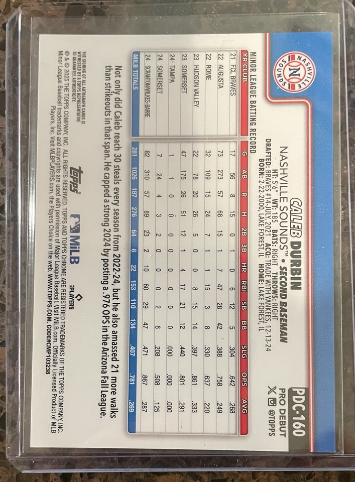 2025 Topps Pro Debut Chrome Autograph Caleb Durbin #PDC-160 Black /10 ...