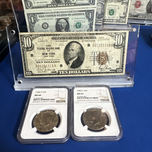 1929 $10 Federal Reserve Bank Note NY With 1980P And 1982P 50C Kennedy ...