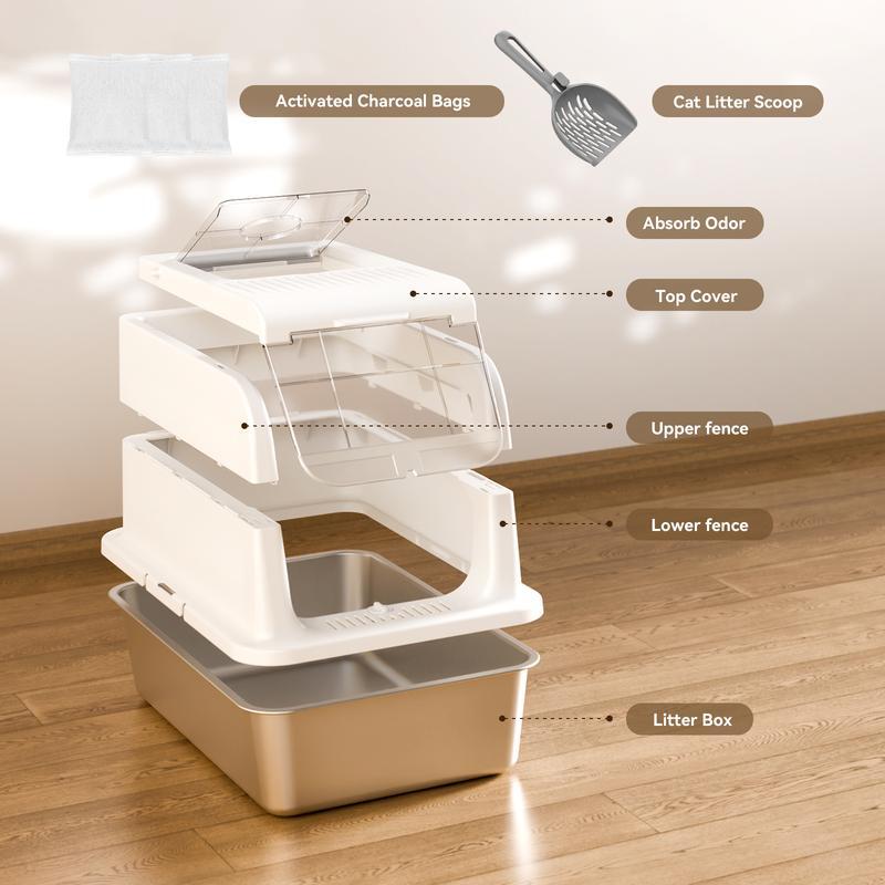Courpal XL Enclosed Stainless Steel Cat Litter Box with Lid Mat & Metal ...