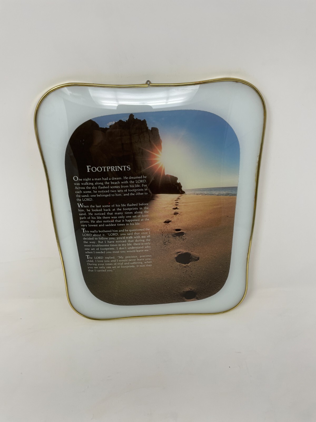 Vtg 70’s? Footprints in the Sand Prayer Poem Curved Glass Gold Plaque ...