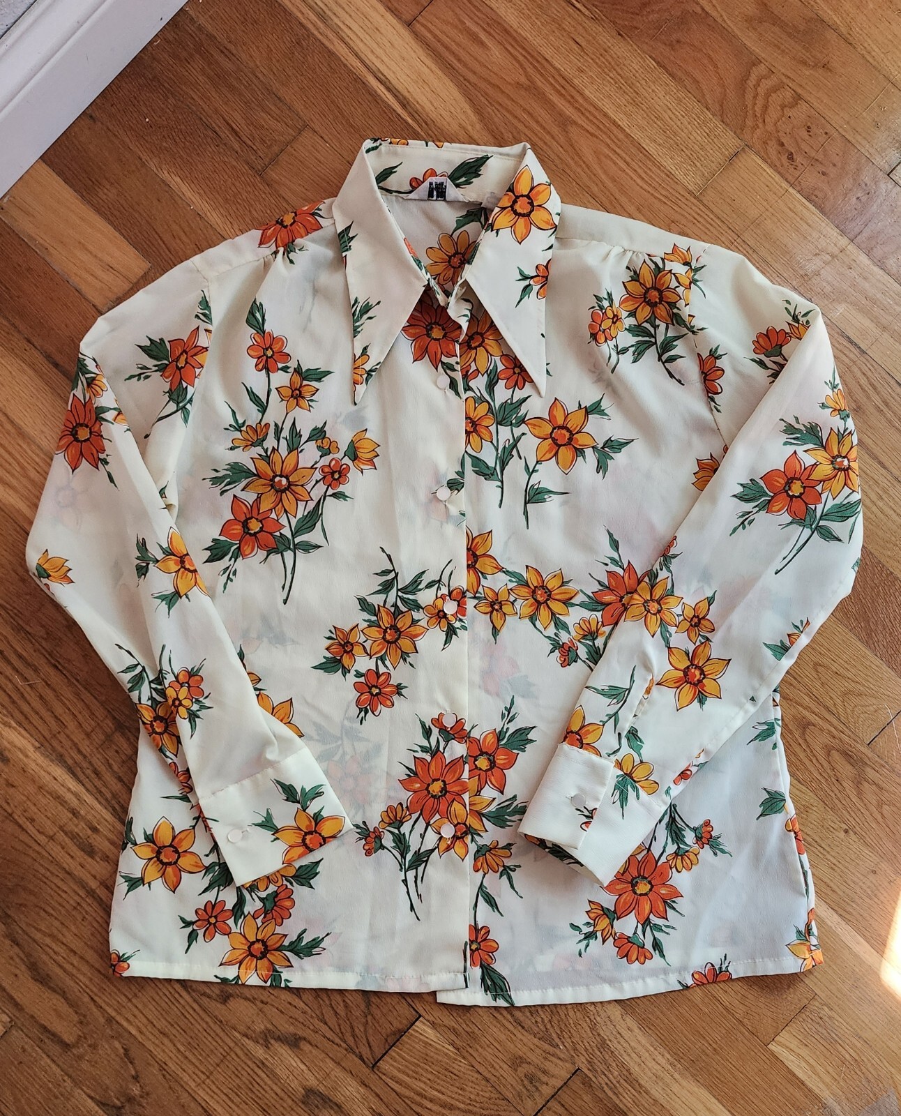 Vintage Miss Holly Button Up Orange Flowers Retro Lon… - Gem