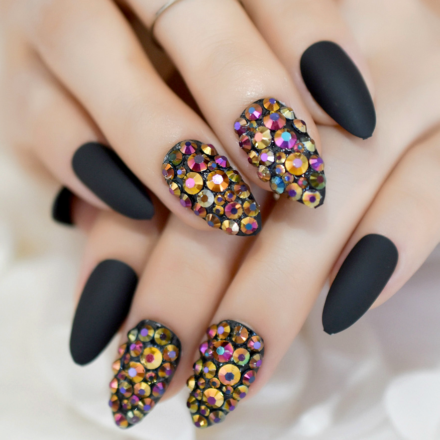 Black Stiletto Nails With Gold Rhinestones Black Gold Acrylic Nails