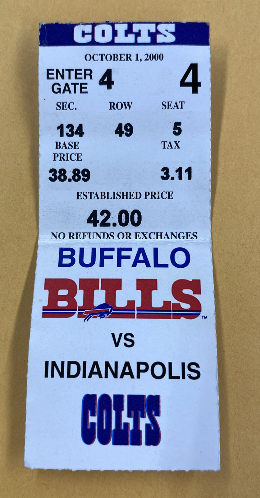 RARE 2000 Indianapolis Colts Ticket PEYTON MANNING 2 TD'S vs Buffalo ...