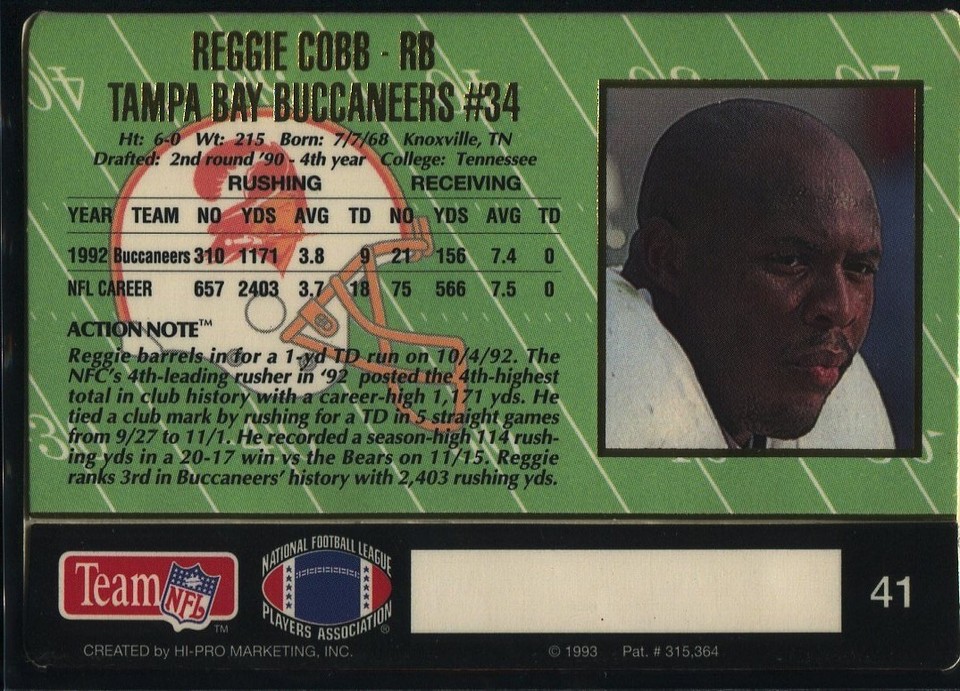 1993 Hi-Pro Action Packed Reggie Cobb #41 Tampa Bay Buccaneers | eBay