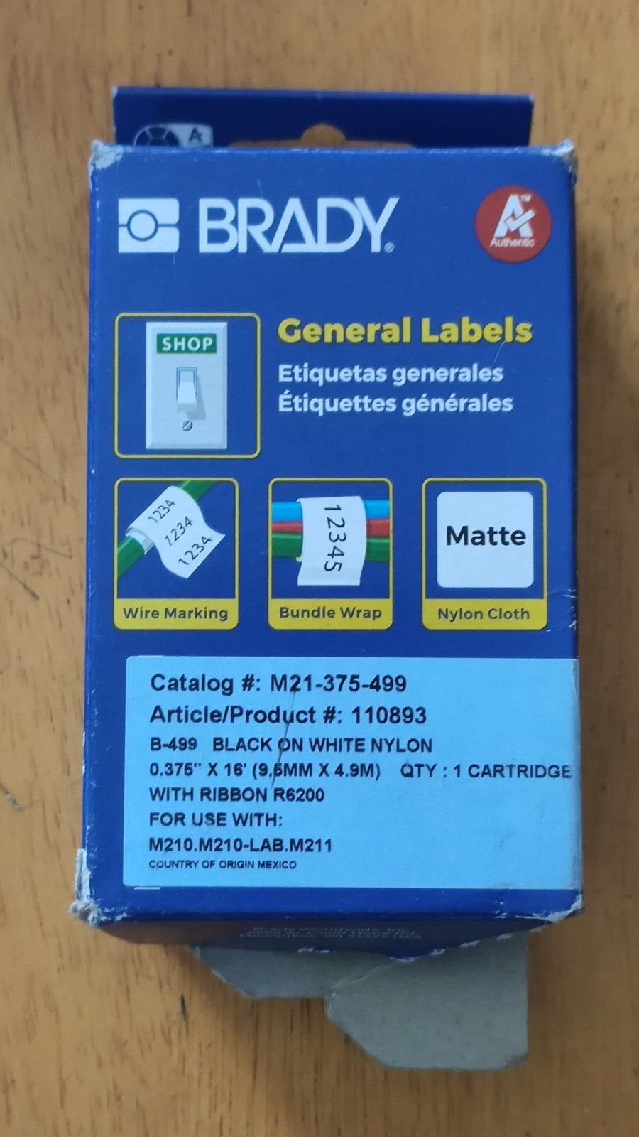 BRADY Label Cartridge, Black On White, 3/8 In, Nylon Cloth (M21-375-499 ...
