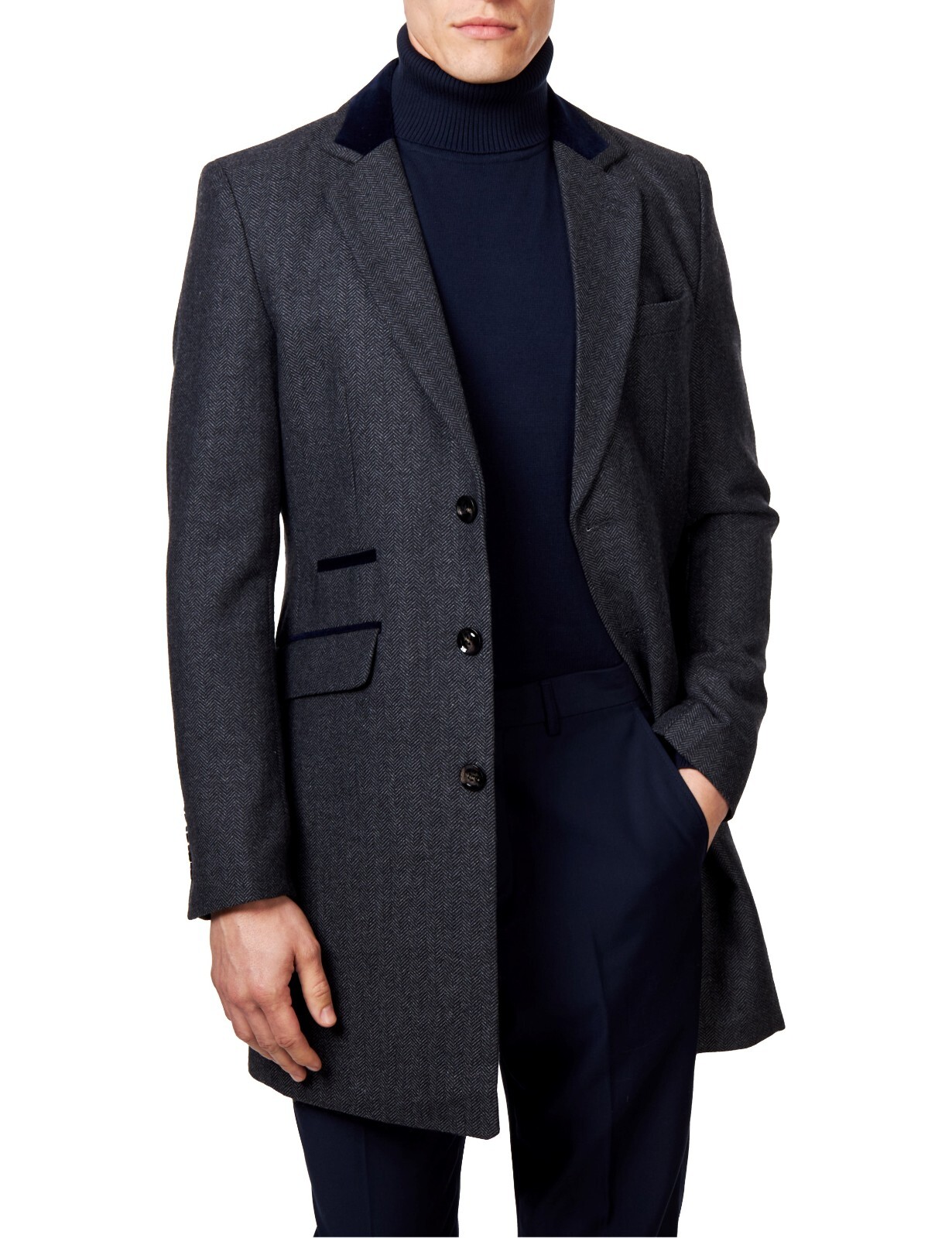 Mens Herringbone Long Overcoat Retro Wool Mix Tailored Mid Length Coat ...