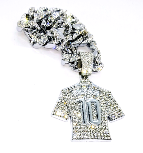 LIONEL MESSI GEM NECKLACE #10 Soccer/Football Silver Bling Jersey & 20 ...