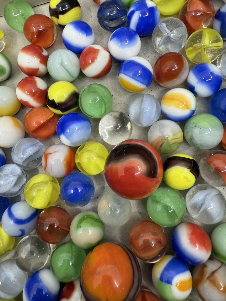 Big Lot of Vintage Glass Marbles Mixed Makers Swirls German Tri-Color ...