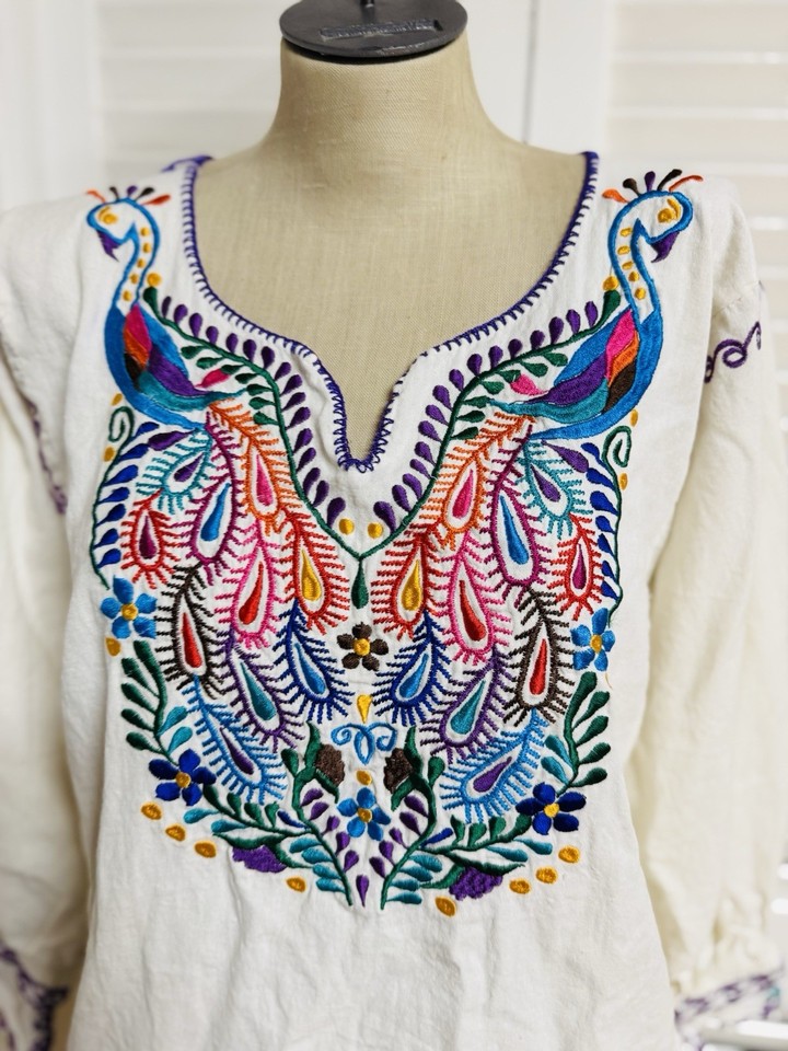 Vintage Festival Embroidered Peacock Tunic Top Cotton BoHo Peasant ...