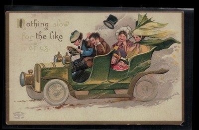 Postcard Ellen Clapsaddle Driving Fast in Old Car, Posted 1912 Streator ...