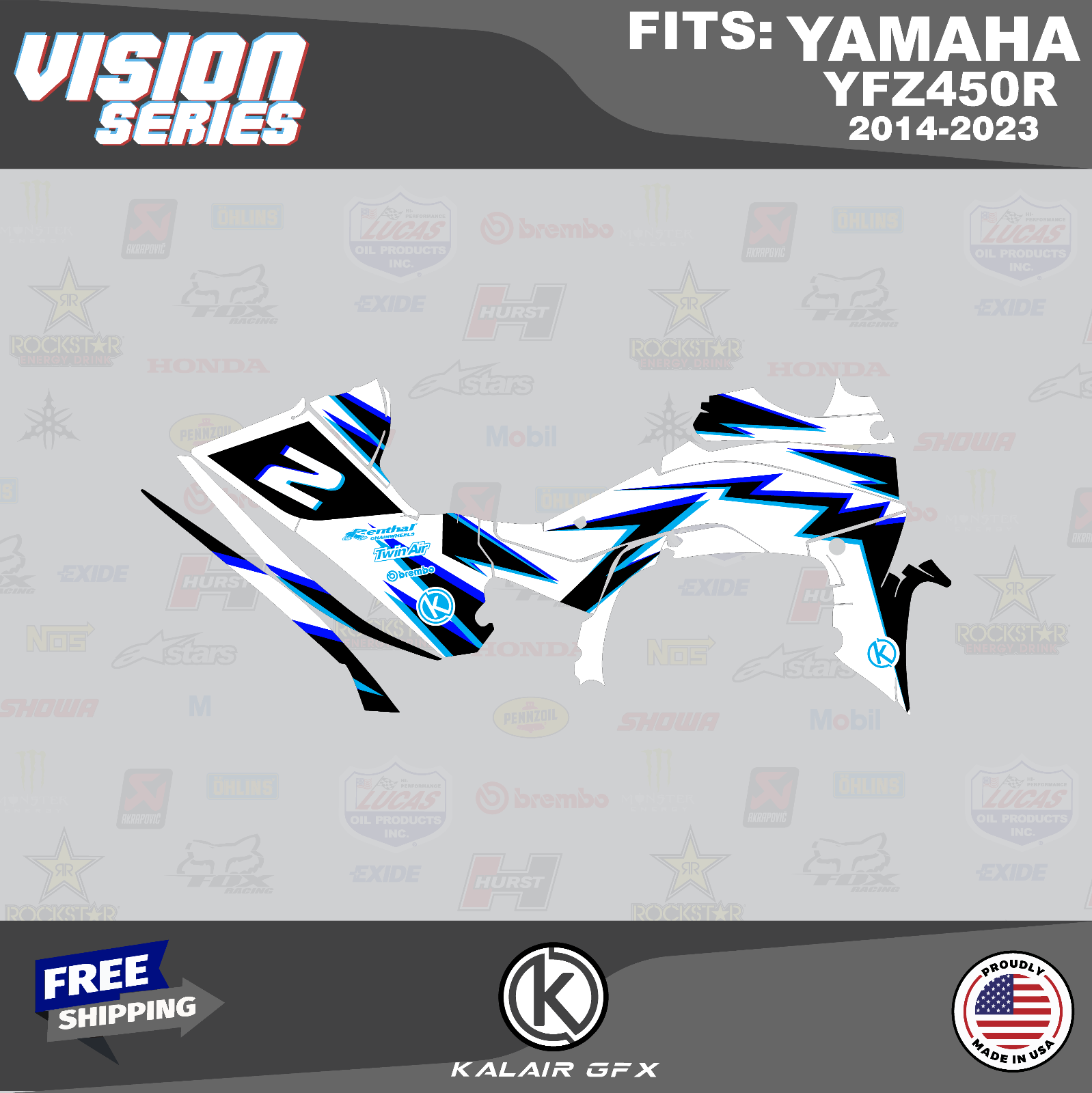 Graphics Kit for YAMAHA YFZ450 YFZ450R (2014-2023) Vision Series-Cyan ...