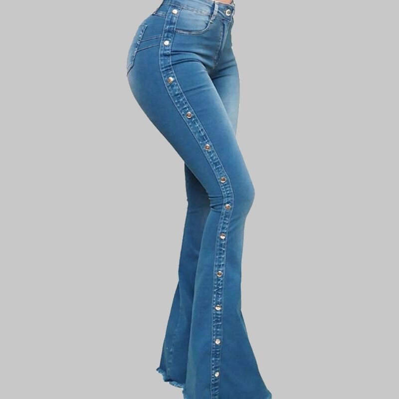 Women's High Waist Stretch Jeans Tall Long Leg Denim Flared Pants Blue ...