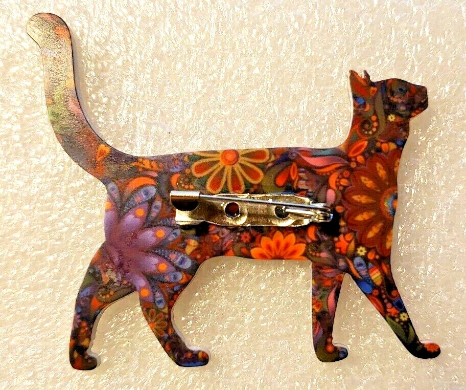 Cat Kitten Walking Rust Tones Multicolor Flower Acrylic Pin Brooch ...